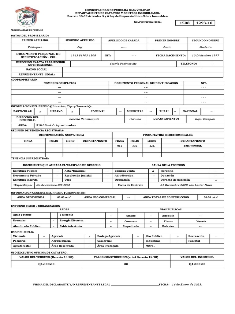 Formulario de Inscripcion Por Auto Avaluo Al Iusi | PDF