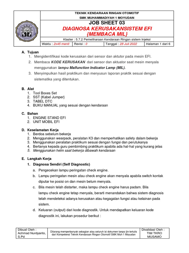 LKPD-JOBSHEET-EFI 3 - Diagnostik I (Membaca Kode DTC MIL) Baru | PDF
