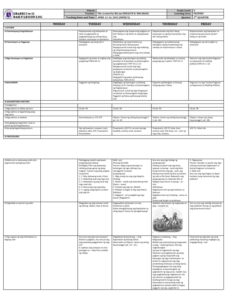 DLL - FILIPINO 5 - Quarter 3 - W9 | PDF