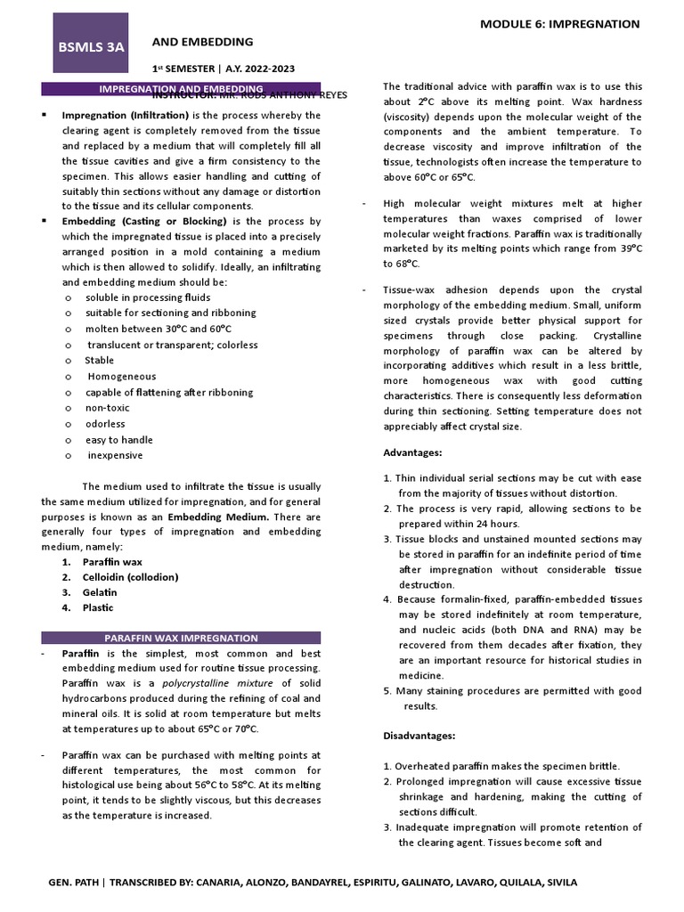 Histopath Trans 6 Impregnation and Embedding | PDF | Histology | Wax