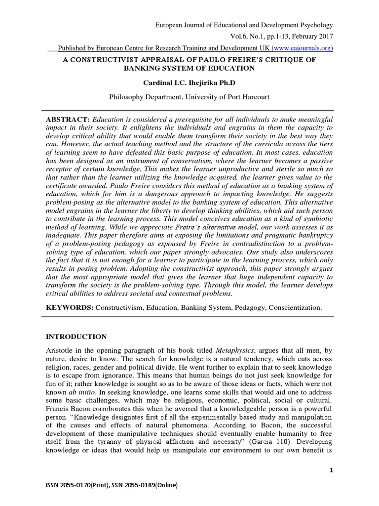 A Constructivist Appraisal of Paulo Freire's Critique of Banking System of Education | PDF ...