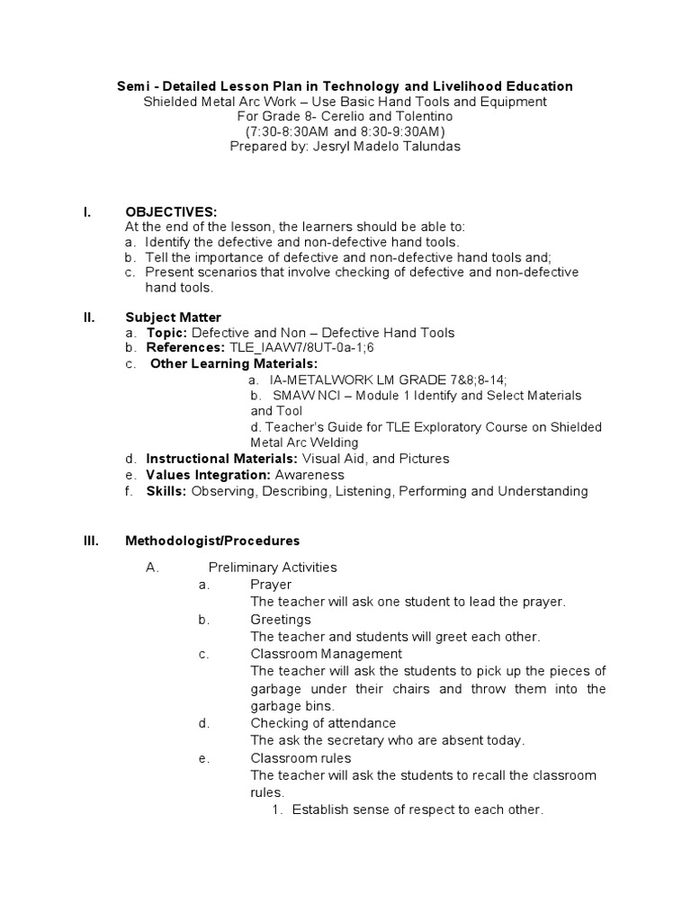 Semi - Detailed Lesson Plan in Defective and Non - Defective Hand Tools ...