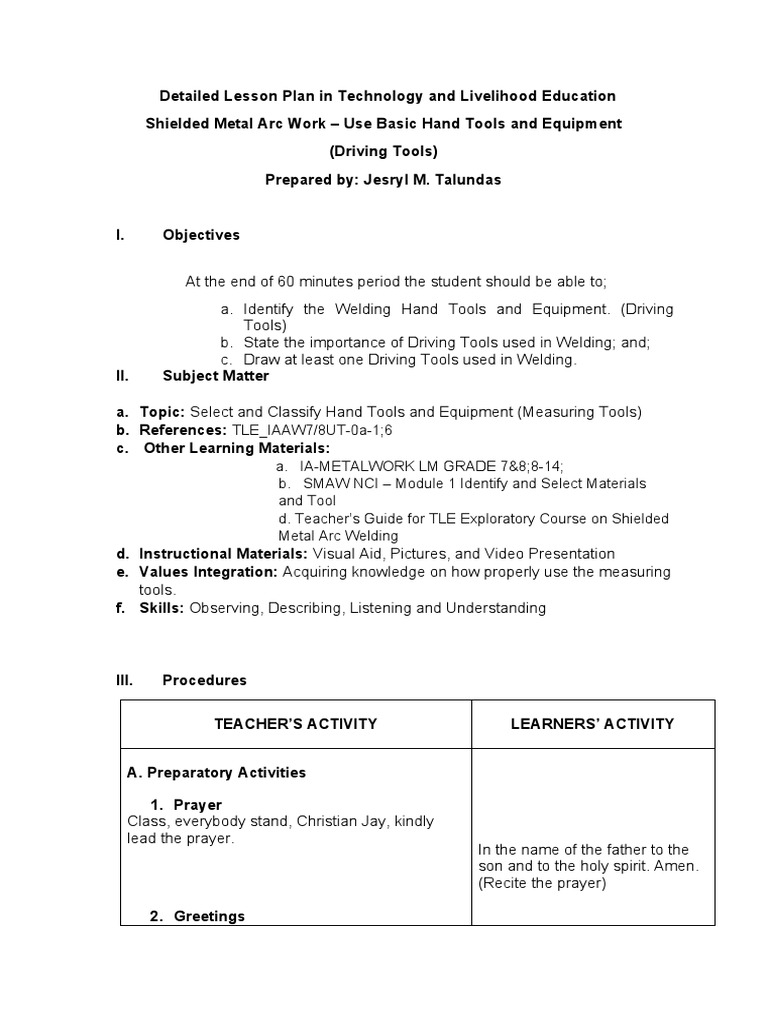 Detailed Lesson Plan Driving Tools | PDF | Screw | Tools