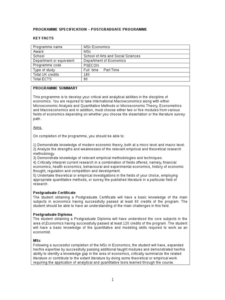 Programme Specification - Postgraduate Programme Key Facts | PDF ...