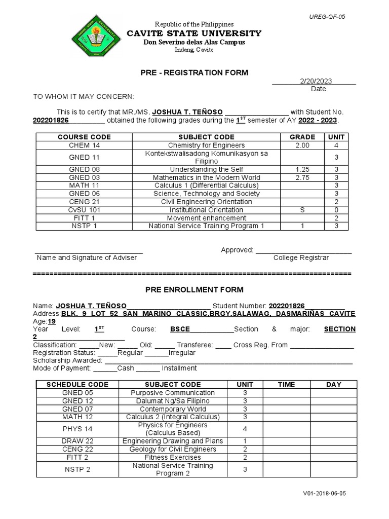 Preparing for the Next Semester: Joshua T. Teñoso's Pre-Registration and Enrollment Forms | PDF ...