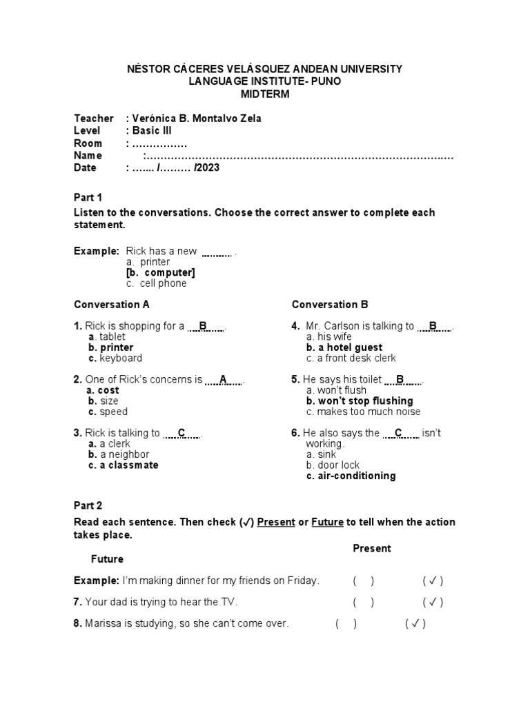 Midterm Exam Basic Iii Uancv | PDF | Language Arts & Discipline ...
