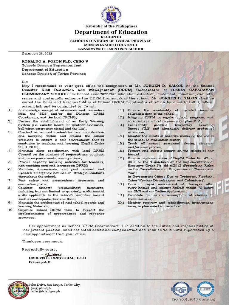 Recommedation Letter For School Drrm Pdf Emergency Management Safety