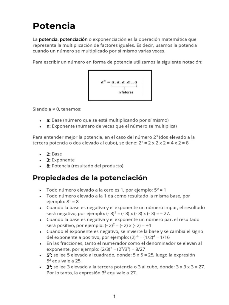 Potencia: Propiedades de La Potenciación | PDF | Exponenciación | Multiplicación