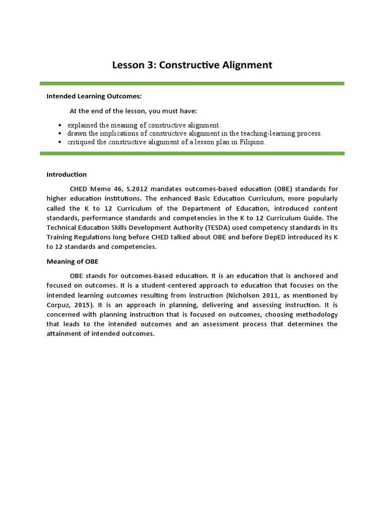 Lesson 3: Constructive Alignment: Intended Learning Outcomes | PDF ...