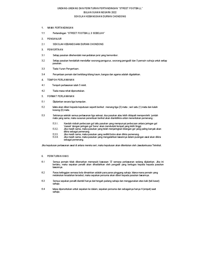Contoh PERATURAN PERTANDINGAN STREET FOOTBAL 3 SEBELAH | PDF