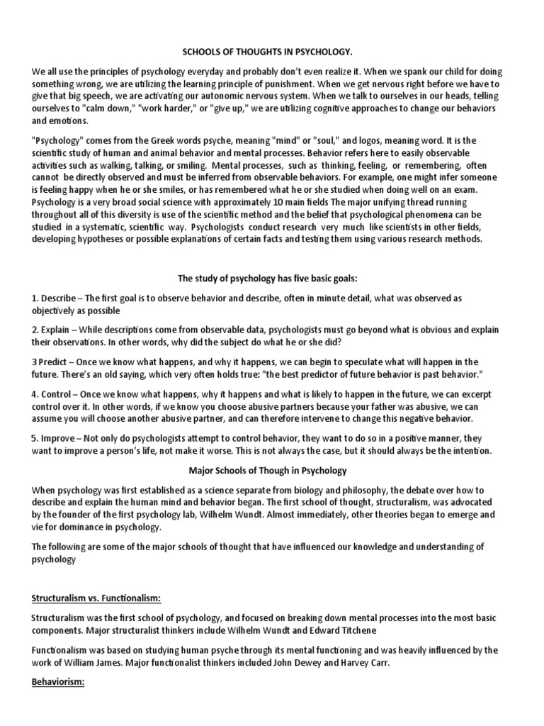 Schools of Thought in Psychology | PDF | Psychology | Psychologist
