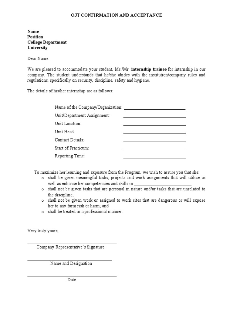 Internship Acceptance Confirmation Letter | PDF