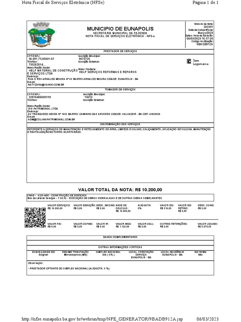 VALOR TOTAL DA NOTA: R$ 10.200,00: Sem Logomarca | PDF | Business