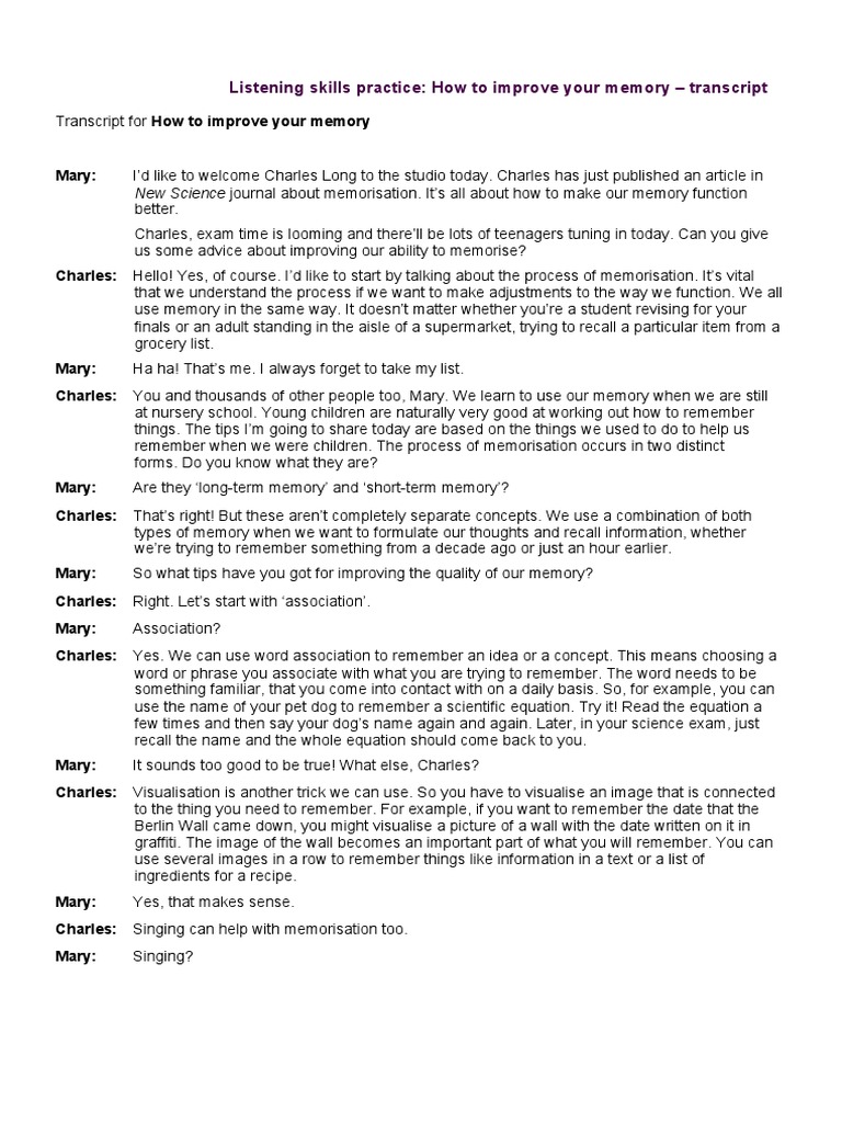 How To Improve Your Memory - Transcript 0 | PDF | Memory | Cognition How To Improve Your Memory - Transcript 0 | PDF | Memory | Cognition