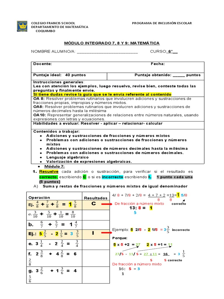 MÓDULO INTEGRADO Matematicas MÓDULO 7-8-9 6TO BASICO | PDF ...