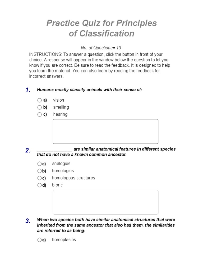 Classification Principles Practice Quiz | PDF | Homology (Biology ...