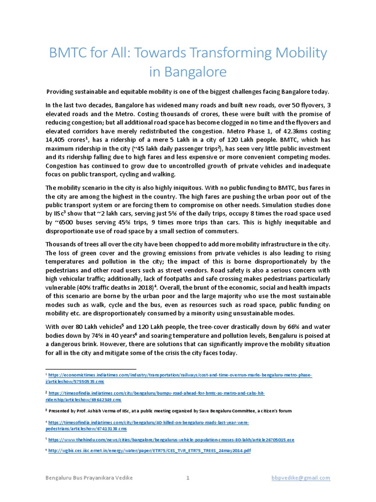 BMTC For All-Towards Transforming Mobility in Bangalore | PDF | Public Transport | Transport