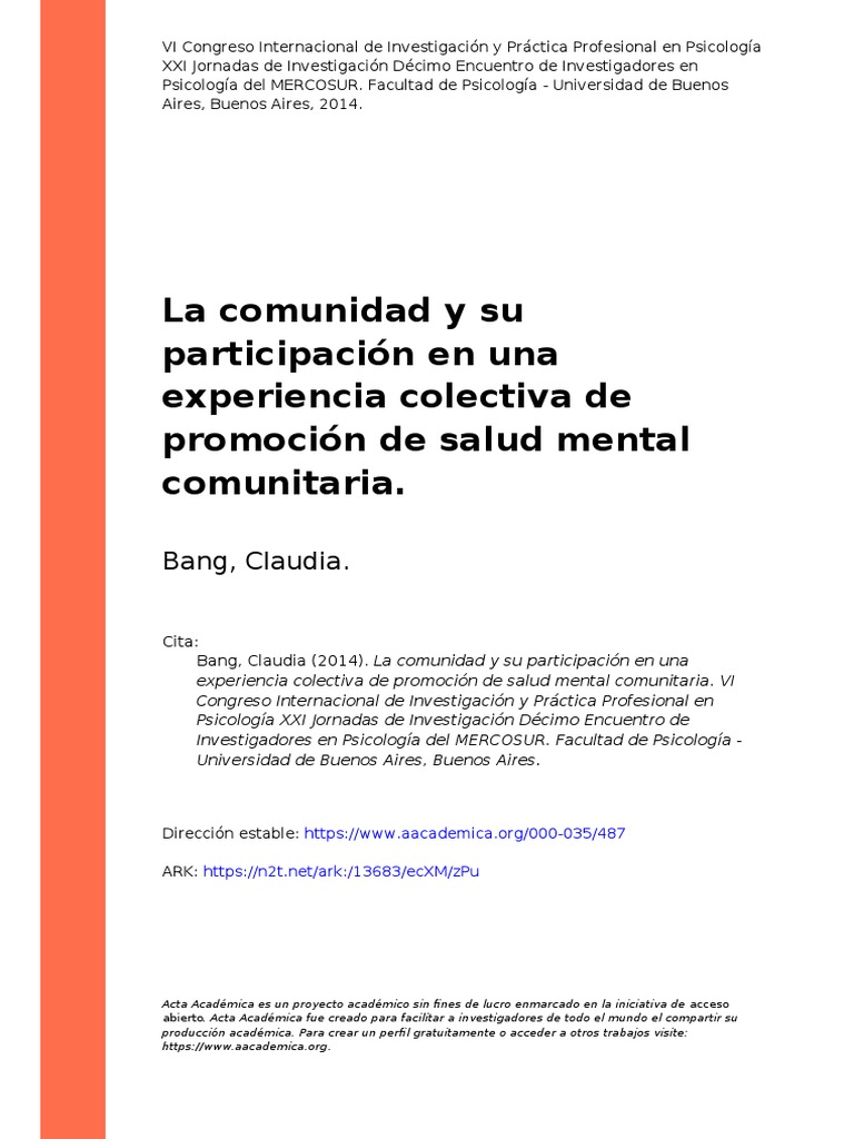Bang, Claudia (2014) - La Comunidad y Su Participación en Una Experiencia Colectiva de Promoción ...