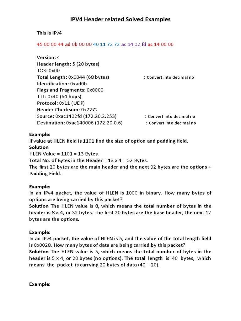 IPV4 Header Solved Example Q | PDF
