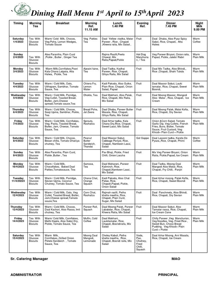 ' Dining Hall Menu 1 April To 15 April 2023: ST TH | Download Free PDF ...