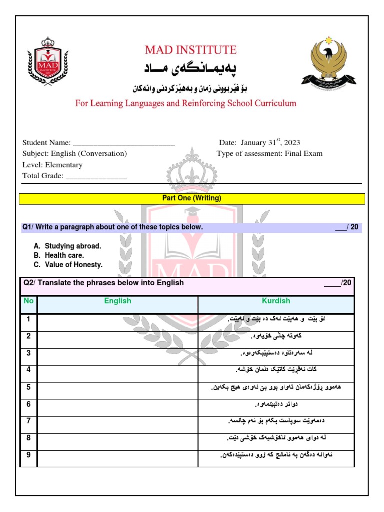 Part One (Writing) : Kurdish English No | PDF