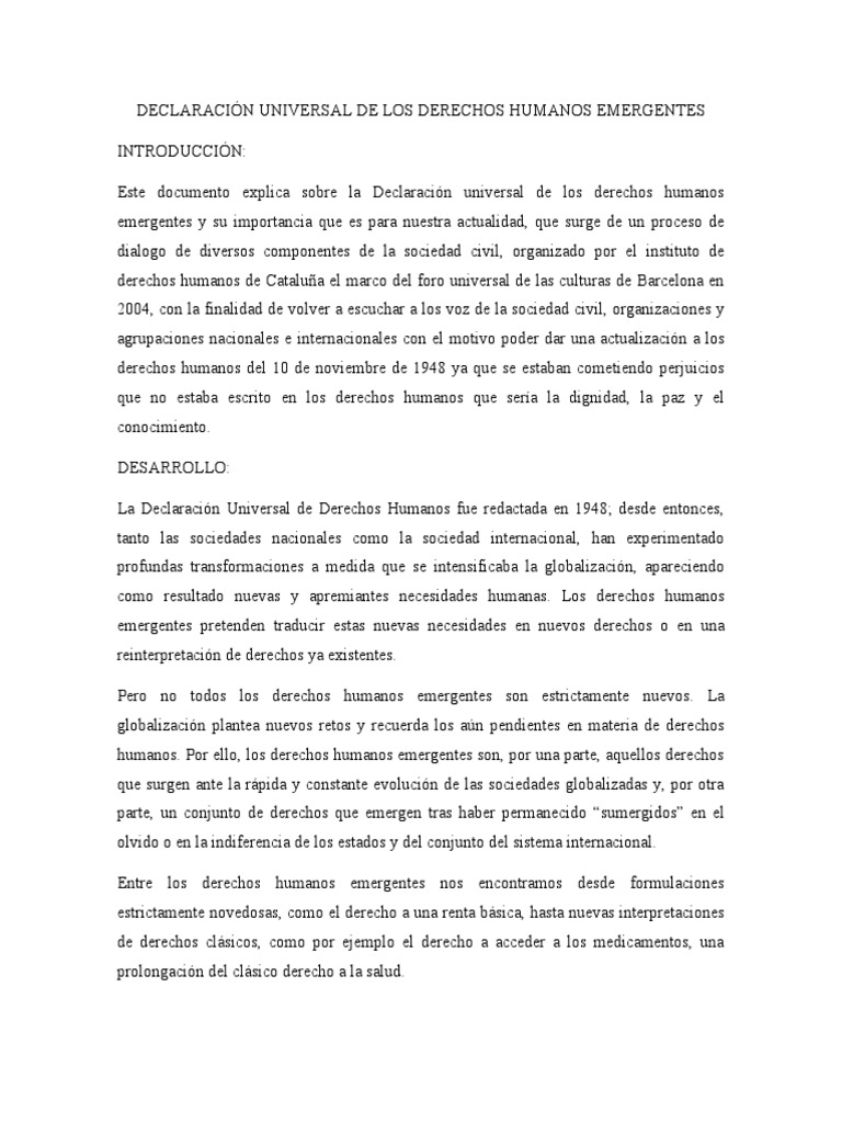 Declaración Universal de Los Derechos Humanos Emergentes - Notas de ...