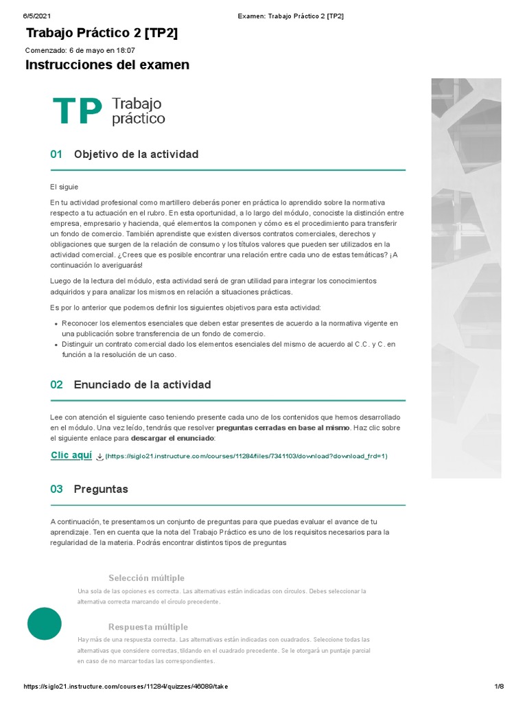 Examen - Trabajo Prctico 2 (TP2) Mio Comercial 95% | Descargar gratis PDF | Bancos | Ley común