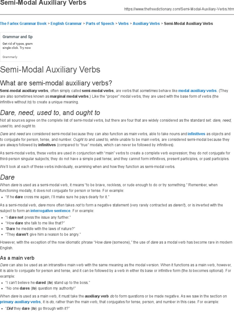 Semi-Modal Auxiliary Verbs | PDF | Verb | Grammatical Tense