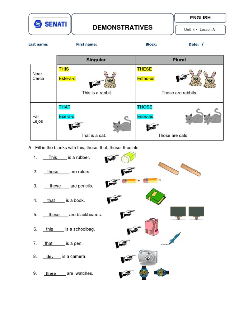 4 - A Demonstratives Worksheet | PDF
