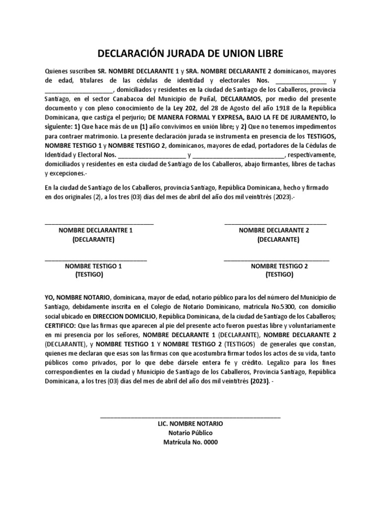 Declaración Jurada de Union Libre Modelo | PDF