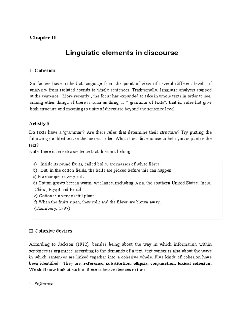 Linguistic Elements in Discourse: I Cohesion | PDF | Verb | Linguistics