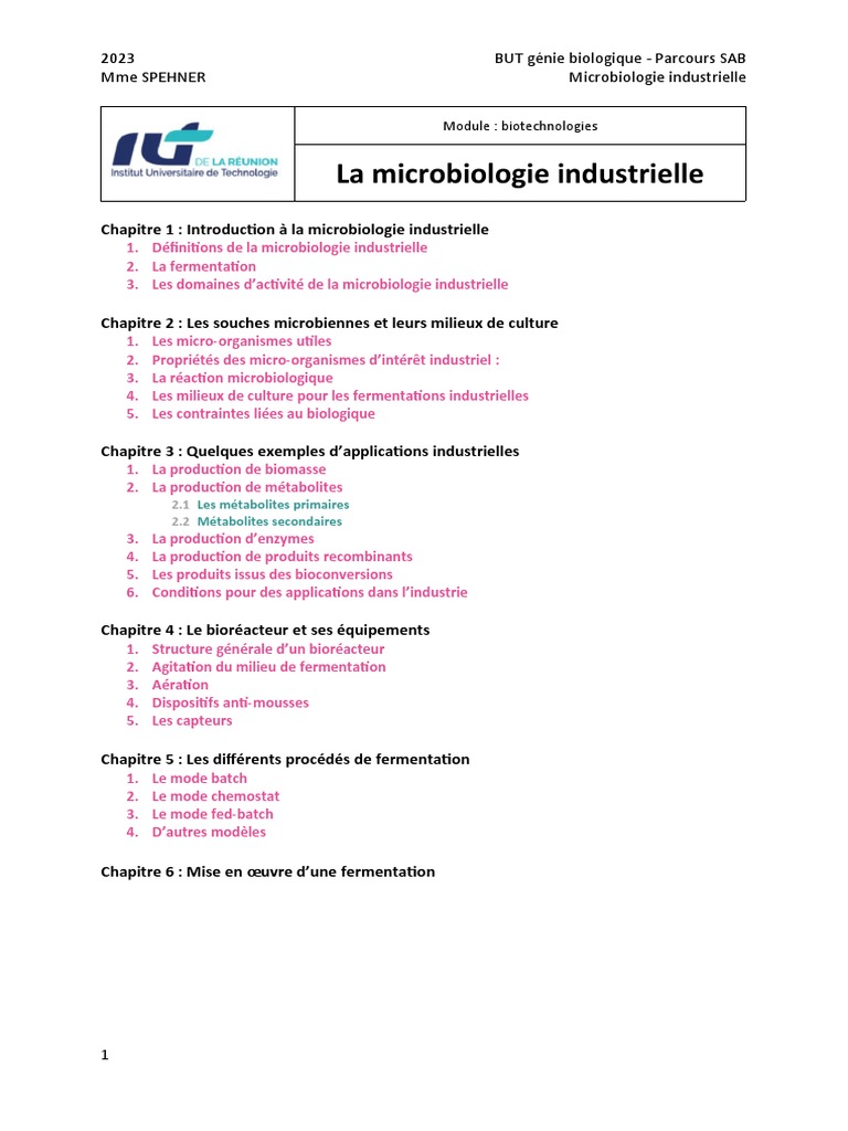 Cours - Microbiologie Industrielle - BUT GB 2 | PDF | Microbiologie | Levure