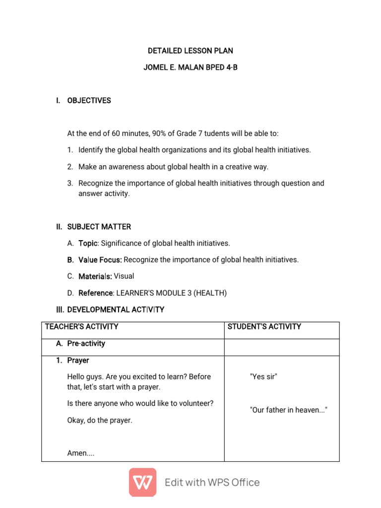 Malan Detailed Lesson Plan1 | PDF | World Health Organization | Health System
