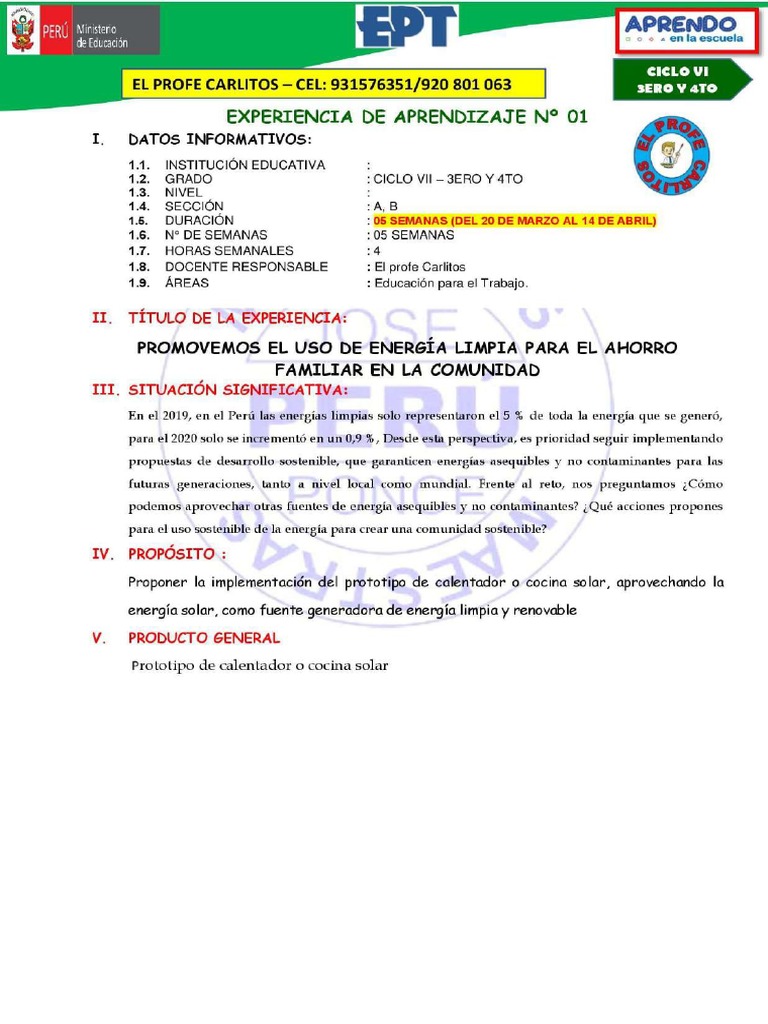 Experiencia de Aprendizaje N°01 - Ciclo Vii - 3ero y 4to - Ept - 2023 - 00001 | PDF