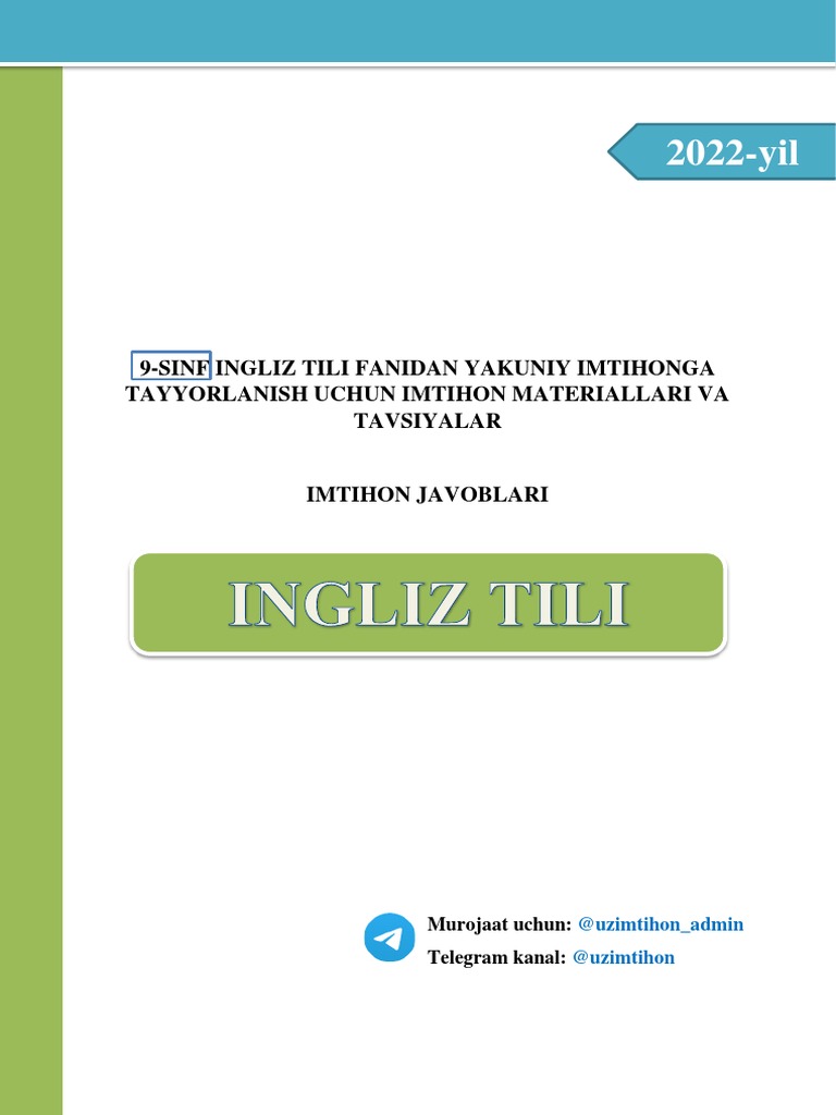 9-Sinf Ingliz Tili Fanidan Yakuniy Imtihonga Tayyorlanish Uchun Imtihon Materiallari Va ...