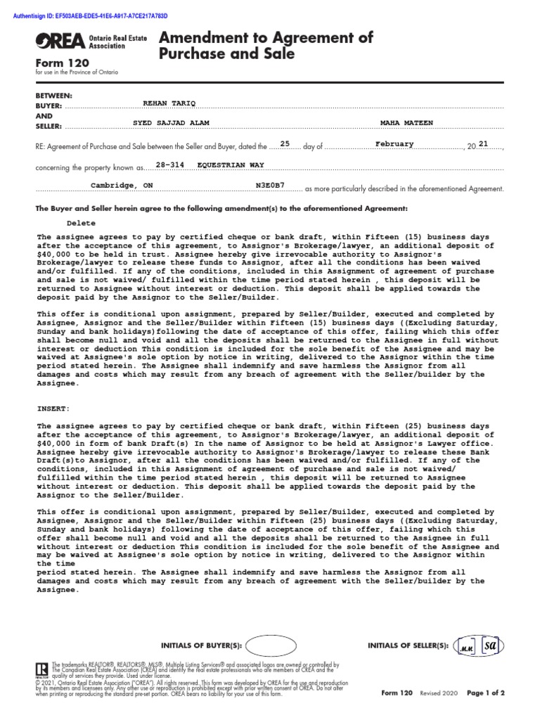 Amendment To Agreement of Purchase and Sale: Form 120 | PDF ...