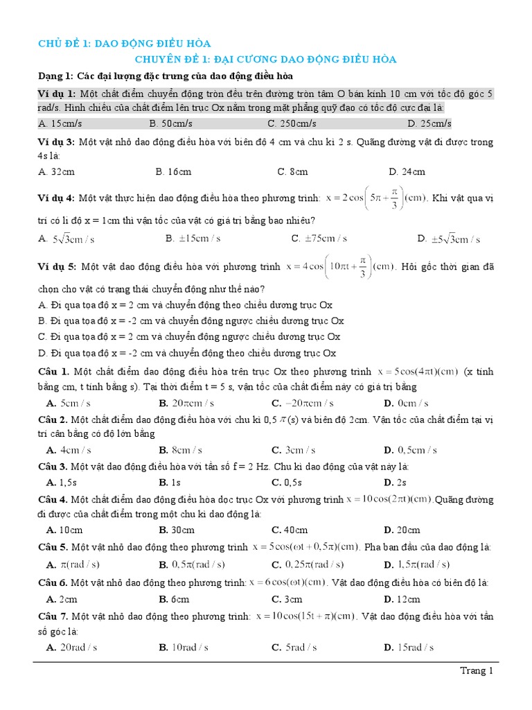 CHUYÊN ĐỀ 1 - ĐẠI CƯƠNG DAO ĐỘNG ĐIỀU HÒA1 | PDF