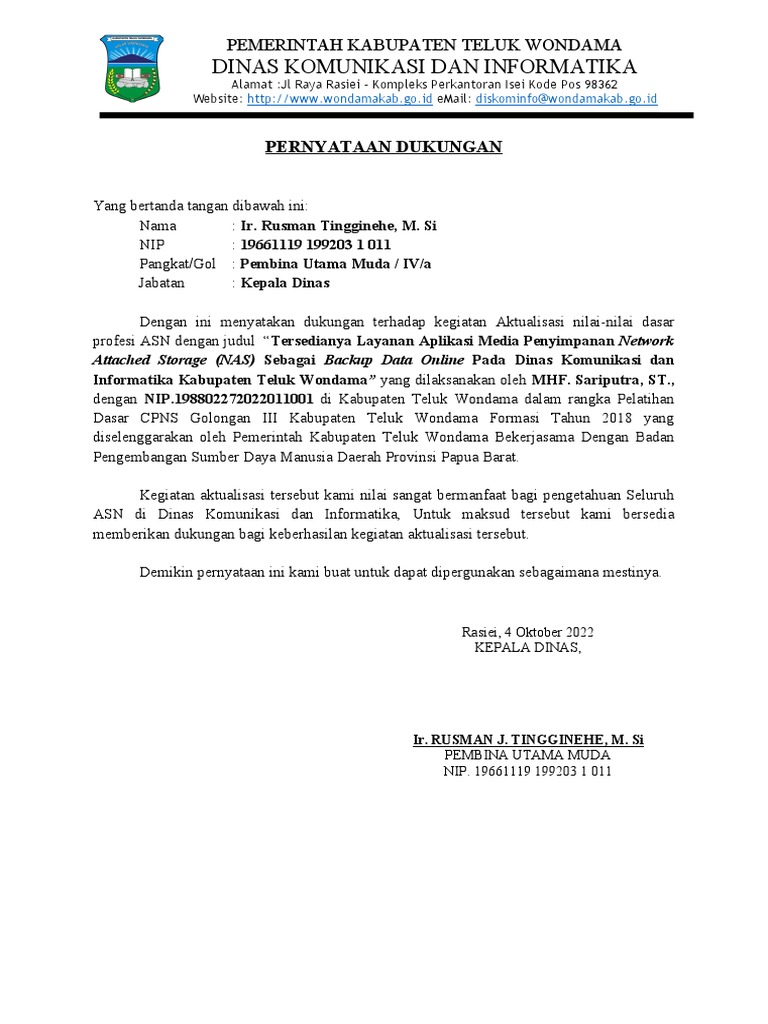 Surat Keterangan Dukungan Aktualisasi | PDF