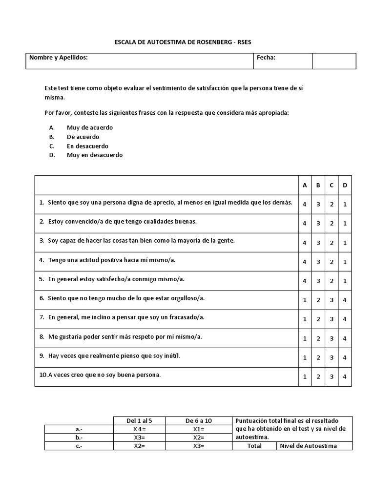Escala de Autoestima de Rosenberg | PDF