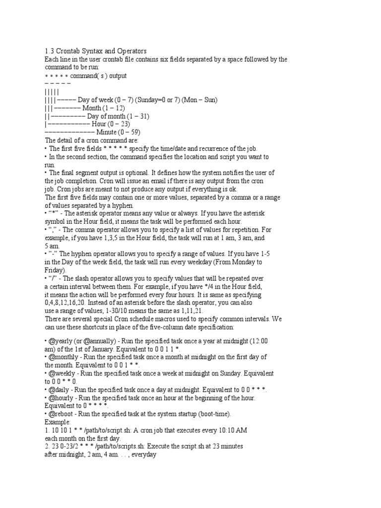 1.3 Crontab Syntax and Operators & 1.4 Linux Crontab Command | PDF | Unix | Computer Engineering