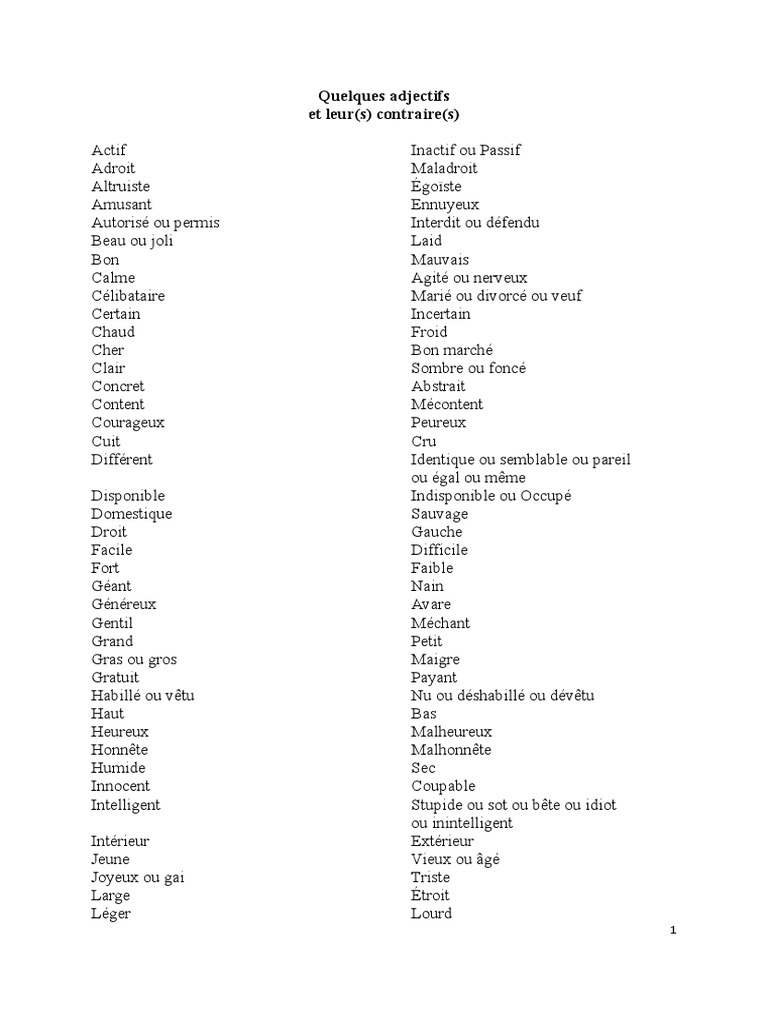 Adjectifs et leurs contraires essentiels | PDF