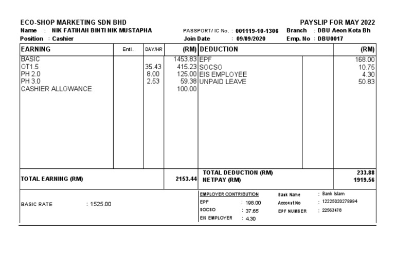 Eco-Shop Marketing SDN BHD Payslip For May 2022 | PDF