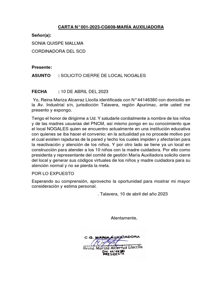Carta de Cierre C.G Nogales | PDF