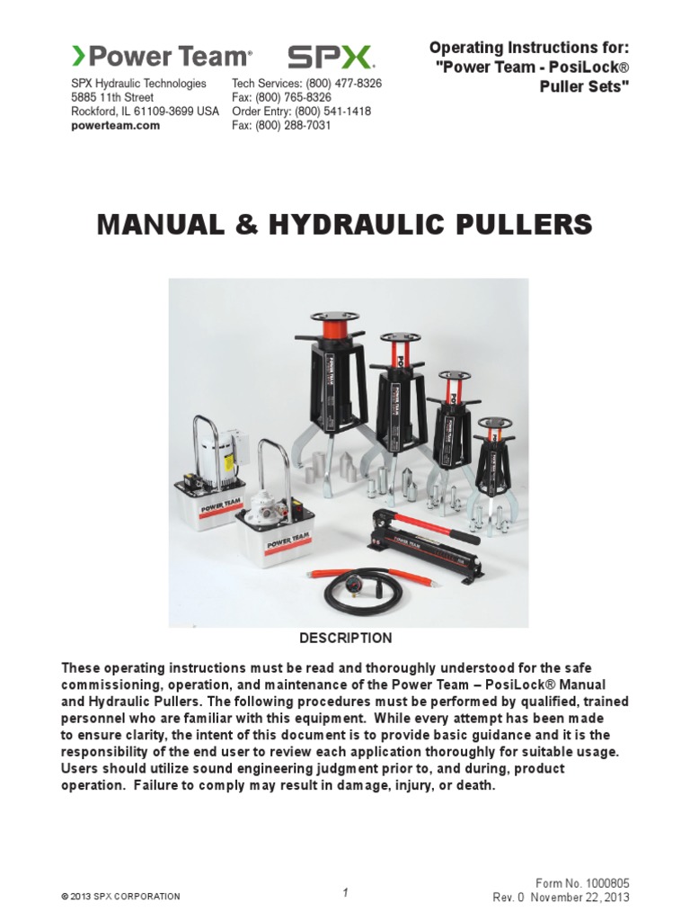 Manual & Hydraulic Pullers: Operating Instructions For: "Power Team - Posilock Puller Sets ...
