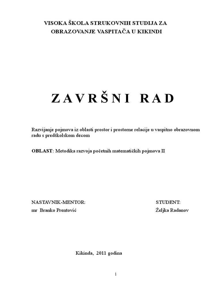 Razvijanje Pojmova Iz Oblasti Prostor I Prostorne Relacije U Vaspitno ...