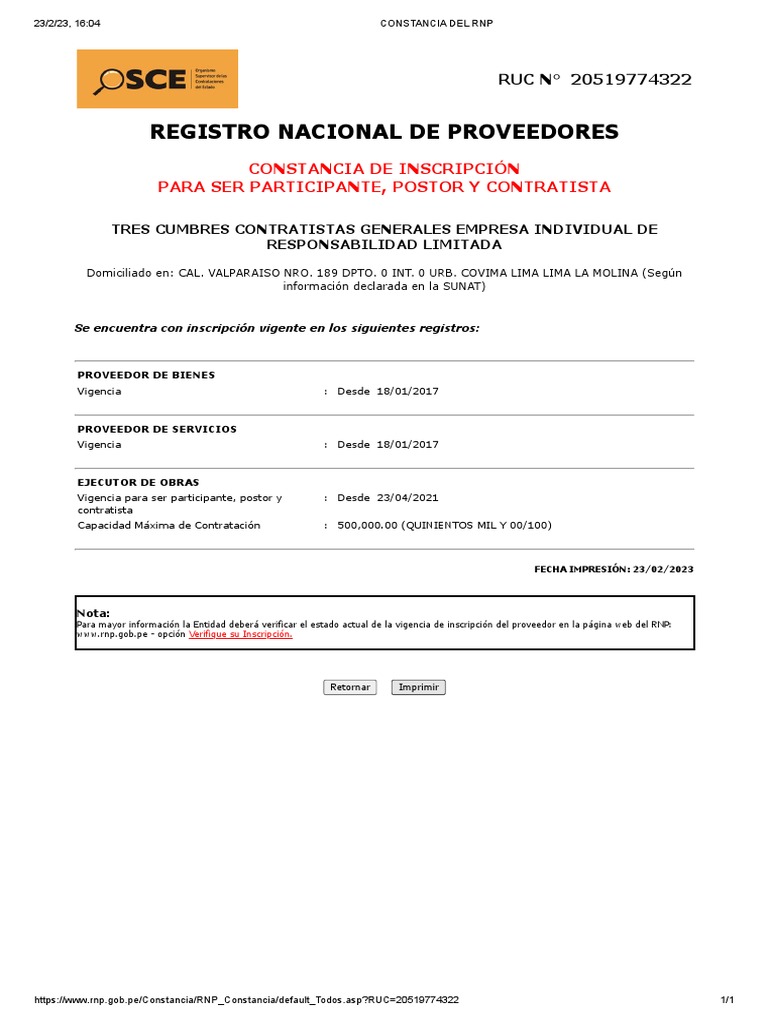 Registro Nacional de Proveedores: Constancia de Inscripción para Ser Participante, Postor Y ...