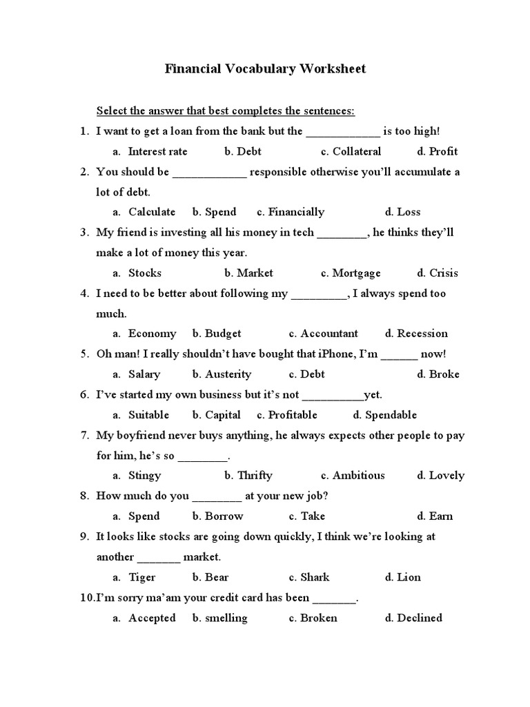 Making A Budget - Financial-Vocabulary-Worksheet-pdf-1 | PDF