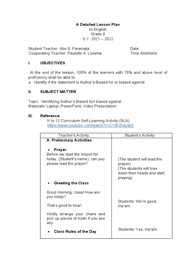 Grade 8 Lesson Plan: Author's Bias | PDF | Adverb | Verb
