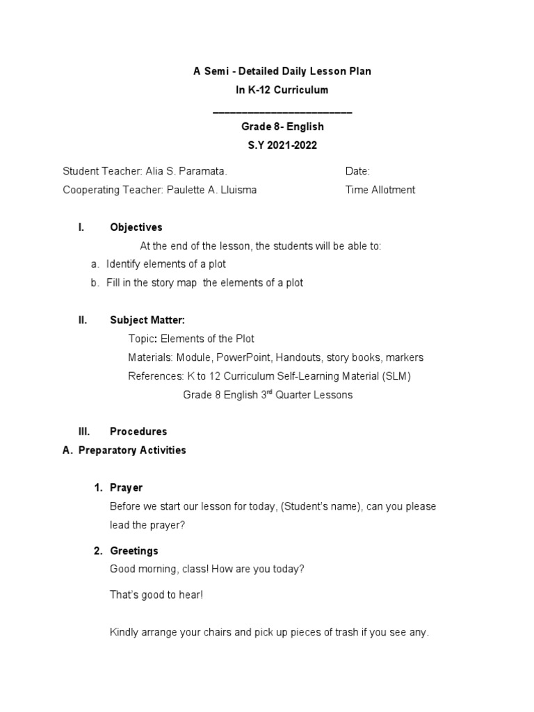 Story Elements Lesson Plan for Grade 8 | PDF | Plot (Narrative)