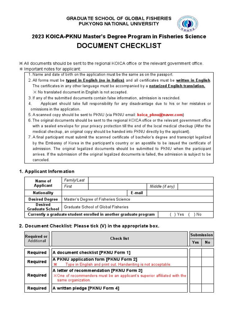 01 - 2023 - PKNU Form1 - Document Checklist - v2 | PDF | Academic Degree